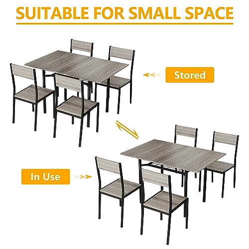 LVSOMT 5-Pieces Dining Table Set for 4, Kitchen Table and Chairs for 4, Metal and Wooden Foldable Table for Small Space, Dining Room Table Set with Built-in Storage Rack (Grey)