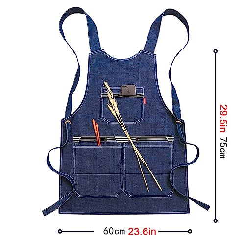 ATAVSADN Chef Apron Denim Apron Cross Back Straps Men Women for Painting, Kitchen, Artist, Chef, Gardener,One Size,Blue