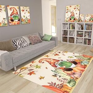 Indoor Area Rug, Fall Thanksgiving Non Slip Carpet Pad Bathroom Mat, Orange Ombre Gnomes Pumpkin Maple Leaf Kitchen Runner Area Rug for Bedroom/Living Room/Kids Room 5'x7'