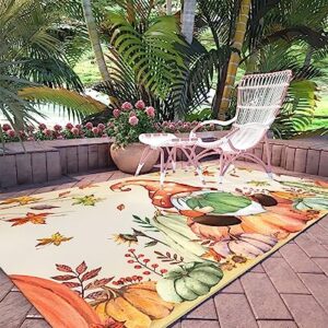 Indoor Area Rug, Fall Thanksgiving Non Slip Carpet Pad Bathroom Mat, Orange Ombre Gnomes Pumpkin Maple Leaf Kitchen Runner Area Rug for Bedroom/Living Room/Kids Room 5'x7'