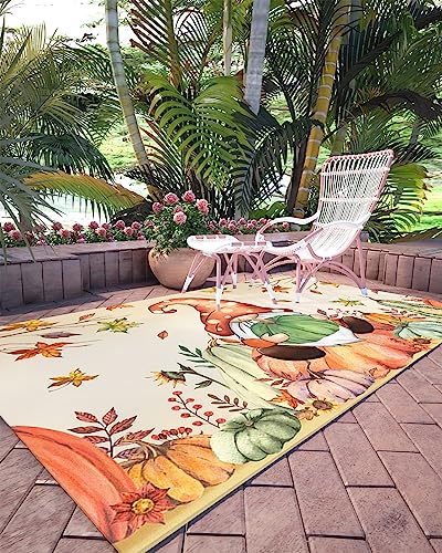 Indoor Area Rug, Fall Thanksgiving Non Slip Carpet Pad Bathroom Mat, Orange Ombre Gnomes Pumpkin Maple Leaf Kitchen Runner Area Rug for Bedroom/Living Room/Kids Room 5'x7'