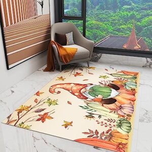 Indoor Area Rug, Fall Thanksgiving Non Slip Carpet Pad Bathroom Mat, Orange Ombre Gnomes Pumpkin Maple Leaf Kitchen Runner Area Rug for Bedroom/Living Room/Kids Room 5'x7'