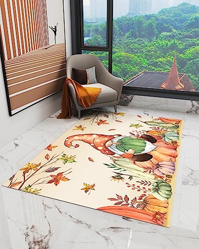 Indoor Area Rug, Fall Thanksgiving Non Slip Carpet Pad Bathroom Mat, Orange Ombre Gnomes Pumpkin Maple Leaf Kitchen Runner Area Rug for Bedroom/Living Room/Kids Room 5'x7'