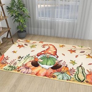 Indoor Area Rug, Fall Thanksgiving Non Slip Carpet Pad Bathroom Mat, Orange Ombre Gnomes Pumpkin Maple Leaf Kitchen Runner Area Rug for Bedroom/Living Room/Kids Room 5'x7'