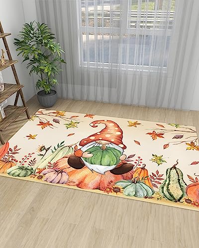 Indoor Area Rug, Fall Thanksgiving Non Slip Carpet Pad Bathroom Mat, Orange Ombre Gnomes Pumpkin Maple Leaf Kitchen Runner Area Rug for Bedroom/Living Room/Kids Room 5'x7'