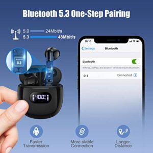 Wireless Earbuds, Bluetooth Headphones V5.3 Wireless Earphones, 48H Playtime LED Power Display & Wireless Charging Case, HiFi Stereo Bass IPX7 Waterproof Ear Buds Built-in Mic for Workout Office Black