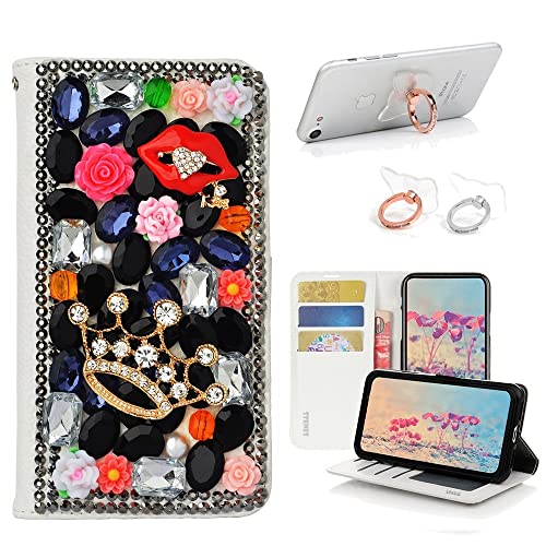 STENES Bling Wallet Phone Case Compatible with Samsung Galaxy Z Fold 5 5G Case - Stylish - 3D Handmade Crown Sexy Lips Rose Floral Leather Cover with Ring Stand Holder [2 Pack] - Black