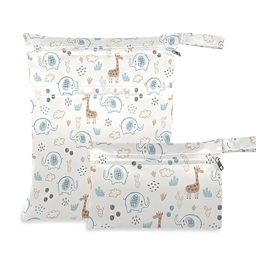 SDMKA 2Pcs Wet Dry Bag for Baby Cloth Diapers Cute Elephants Reusable Waterproof Wet Bag with Two Zippered Pockets for Travel Beach Pool