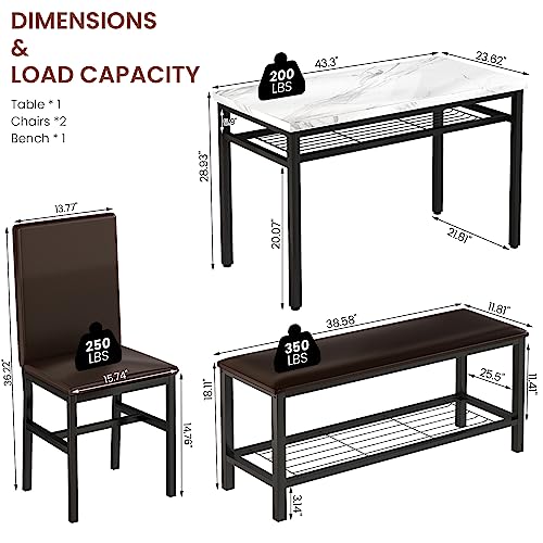 Lamerge Kitchen Table and 2 Chairs for 4 with Bench,Faux Mable Dining Table Set for 4 w/Storage Rack,Dining Room Table Set Dinner Table for Small Spaces, Apartment,White+Brown