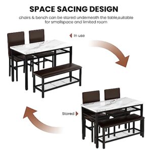 Lamerge Kitchen Table and 2 Chairs for 4 with Bench,Faux Mable Dining Table Set for 4 w/Storage Rack,Dining Room Table Set Dinner Table for Small Spaces, Apartment,White+Brown