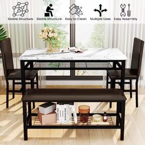 Lamerge Kitchen Table and 2 Chairs for 4 with Bench,Faux Mable Dining Table Set for 4 w/Storage Rack,Dining Room Table Set Dinner Table for Small Spaces, Apartment,White+Brown