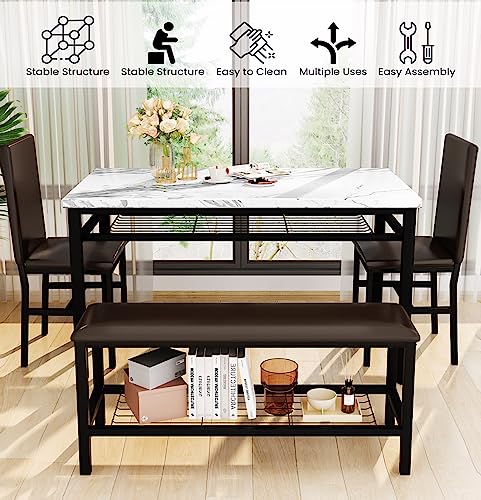 Lamerge Kitchen Table and 2 Chairs for 4 with Bench,Faux Mable Dining Table Set for 4 w/Storage Rack,Dining Room Table Set Dinner Table for Small Spaces, Apartment,White+Brown