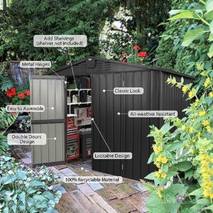 Outdoor Storage Shed, Waterproof Large Metal Garden Tool Shed with Double Lockable Door Latch & Air Vents, Outdoor Tool Storage House for Backyard Garden Patio Lawn, Black (6.5 x 4.2Ft)