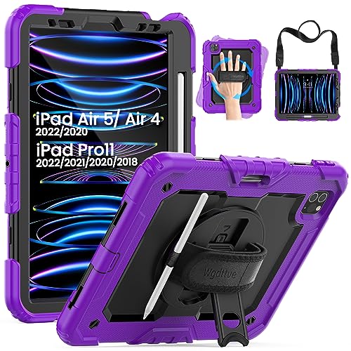 Wgdttve iPad Air 5th Generation Case 10.9 Inch 2022 / iPad Air 4th Case 10.9 Inch 2020 / iPad Pro 11 Inch Case with Pencil Holder, Screen Protector, 360°Rotating Stand, Handle, Shoulder Strap (Purple)