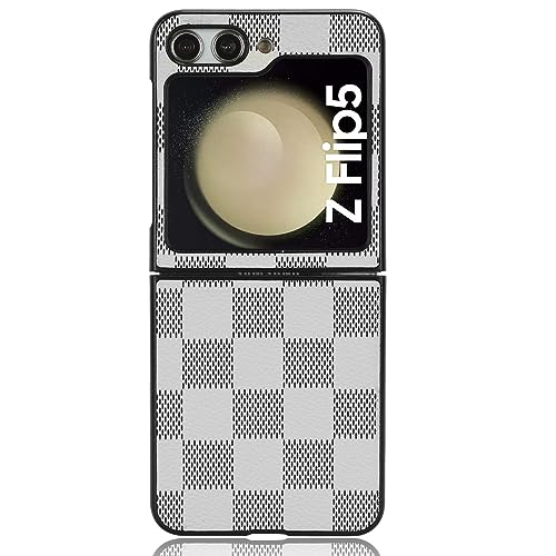 HZSANXIN Compatible with Samsung Galaxy Z FLIP 5 Case Full Cover Ultra Thin Matte Anti Slip Scratch Resistant Fashionable and Durable Leather Checkered Pattern Back Shell (White)