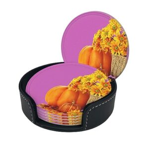 Pumpkins Sunflowers Printed Coasters for Drinks Set of 6 Leather Coasters Spill Protection Cup Mat for Drinks for Home Office Coffee Bar Table