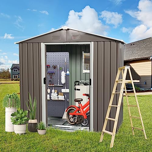 RITSU 8ft x 4ft Outdoor Storage Shed with Lockable Sliding Doors,Metal Tool Shed with Anchors，Hooks and Shelf, Garden Shed Organizer for Yard Patio Lawn Deck,Easy to Assemble,Gray