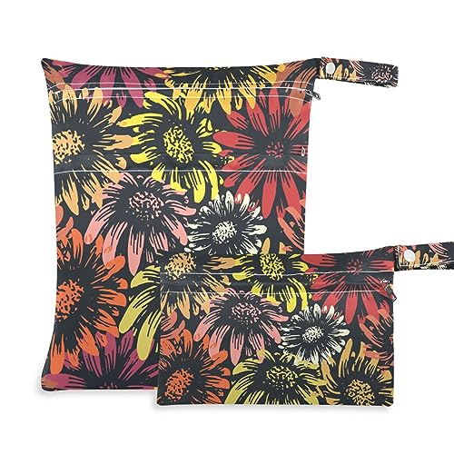 SDMKA 2Pcs Wet Dry Bag for Baby Cloth Diapers Daisy and Sunflower Reusable Waterproof Wet Bag with Two Zippered Pockets for Travel Beach Pool