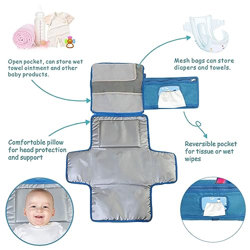 Portable Diaper Changing Pad, Foldable Detachable Travel Changing Pad with Smart Wipes Pocket and Head Cushion Portable Baby Changing Mat for Baby Shower Gifts Newborn (Blue)