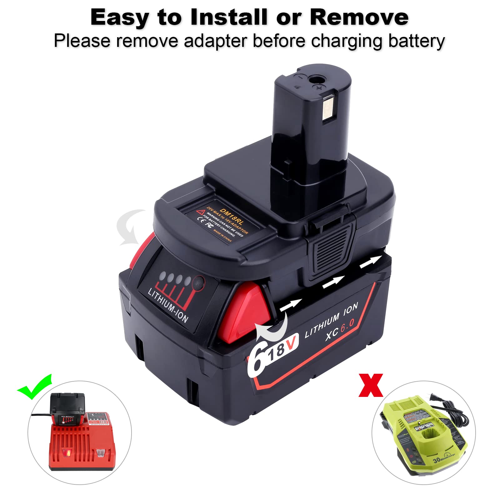 Battery Adapter with USB Port for Dewalt to Ryobi Battery&for Milwaukee to Ryobi Battery,Convert Dewalt 20V/Milwaukee 18V Battery to Ryobi 18V One+ Lithium-ion Battery(Only DM18RL Adapter)