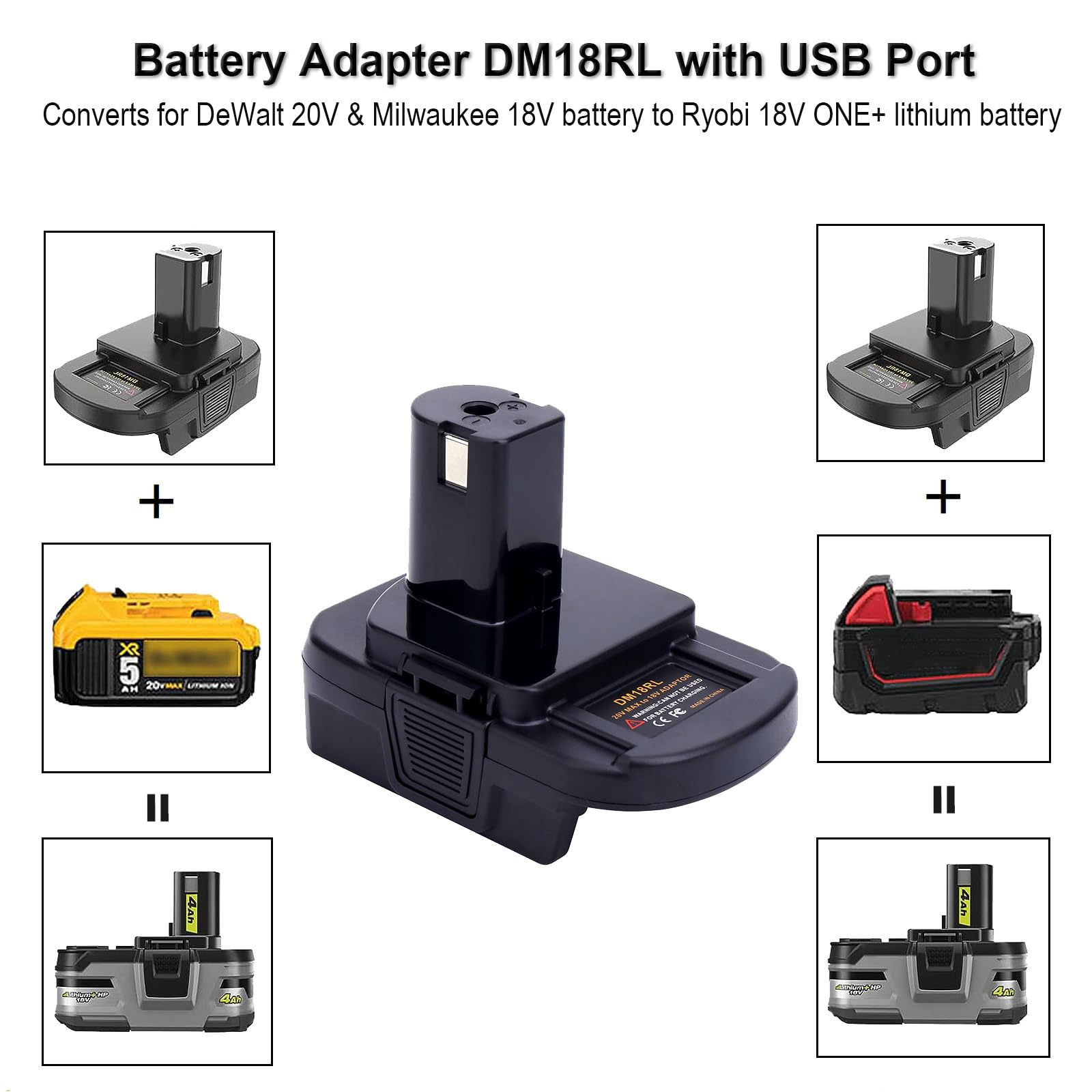 Battery Adapter with USB Port for Dewalt to Ryobi Battery&for Milwaukee to Ryobi Battery,Convert Dewalt 20V/Milwaukee 18V Battery to Ryobi 18V One+ Lithium-ion Battery(Only DM18RL Adapter)