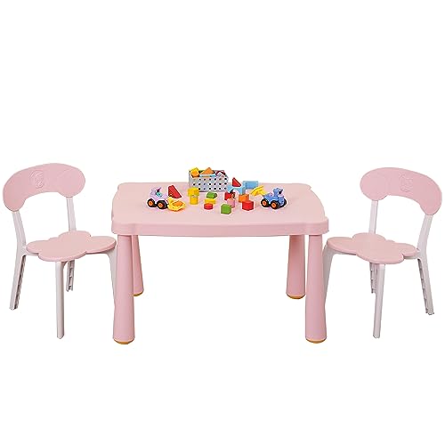 Domi Kids Table and Chair Set, 3 Pieces Enlarged Natural Plastic Toddler Desk and Chairs with 11.8" H Seat, Preschool Chair, Toddler Chairs Activity Table for Home, Playroom, Preschool, Kindergarten