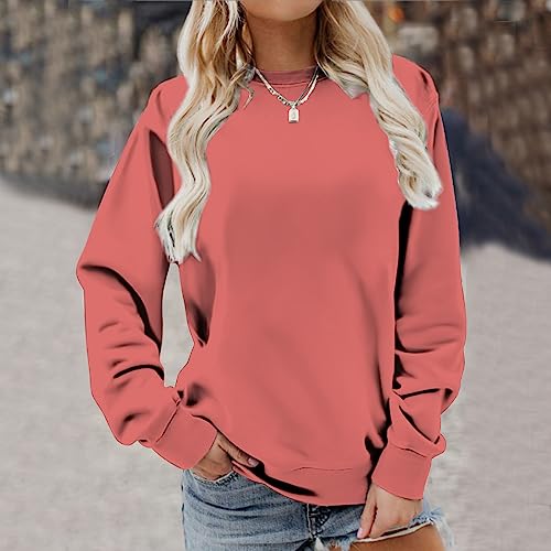 Homisy Sweatshirt for Women Casual Solid Color Crewneck Sweatshirt Pullover Tops Lightweight Long Sleeve Sweatshirts Watermelon Red