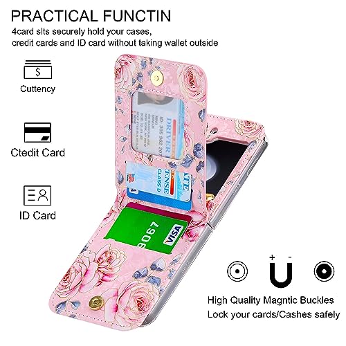 EAXER for Samsung Galaxy Z Flip 5 Case, Shockproof Women Rose Flower with Crossbody Strap Wallet Leather Stand Case Cover (Pink)