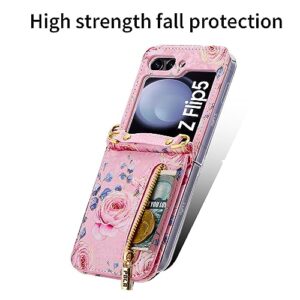 EAXER for Samsung Galaxy Z Flip 5 Case, Shockproof Women Rose Flower with Crossbody Strap Wallet Leather Stand Case Cover (Pink)