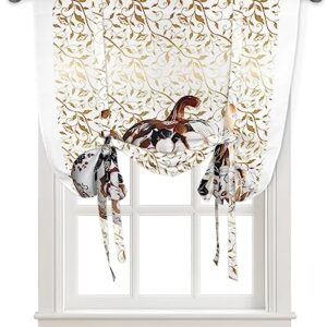 Autumn Thanksgiving Tie Up Curtains for Window, Fall Pumpkins Gold Leaves White Thermal Insulted Balloon Shade Adjustable Rod Pocket Curtains Valance Panels for Kitchen Bathroom Café 42 x 63