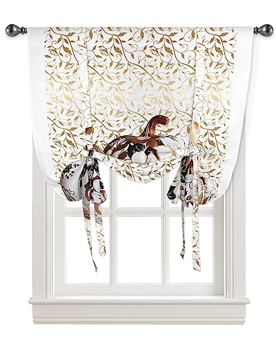 Autumn Thanksgiving Tie Up Curtains for Window, Fall Pumpkins Gold Leaves White Thermal Insulted Balloon Shade Adjustable Rod Pocket Curtains Valance Panels for Kitchen Bathroom Café 42 x 63