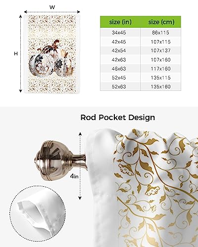 Autumn Thanksgiving Tie Up Curtains for Window, Fall Pumpkins Gold Leaves White Thermal Insulted Balloon Shade Adjustable Rod Pocket Curtains Valance Panels for Kitchen Bathroom Café 42 x 63