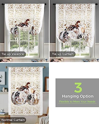 Autumn Thanksgiving Tie Up Curtains for Window, Fall Pumpkins Gold Leaves White Thermal Insulted Balloon Shade Adjustable Rod Pocket Curtains Valance Panels for Kitchen Bathroom Café 42 x 63