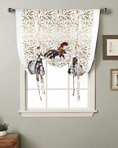 Autumn Thanksgiving Tie Up Curtains for Window, Fall Pumpkins Gold Leaves White Thermal Insulted Balloon Shade Adjustable Rod Pocket Curtains Valance Panels for Kitchen Bathroom Café 42 x 63