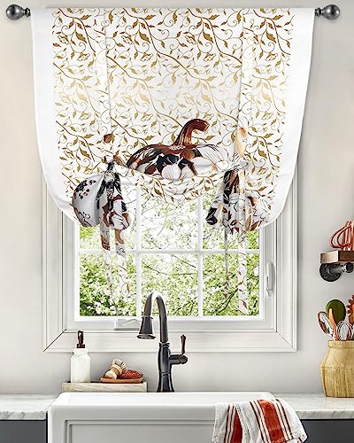 Autumn Thanksgiving Tie Up Curtains for Window, Fall Pumpkins Gold Leaves White Thermal Insulted Balloon Shade Adjustable Rod Pocket Curtains Valance Panels for Kitchen Bathroom Café 42 x 63