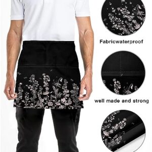 Black Flower Waitress Waiter Server Apron with Pockets,Waist Half Waterproof Cooking Kitchen BBQ Grill Chef Apron for Women,Men,Dad,Mom,Grandma,Boys,Girls Vintage Floral Aesthetic Leaves Dragonfly