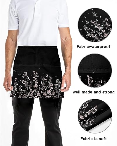 Black Flower Waitress Waiter Server Apron with Pockets,Waist Half Waterproof Cooking Kitchen BBQ Grill Chef Apron for Women,Men,Dad,Mom,Grandma,Boys,Girls Vintage Floral Aesthetic Leaves Dragonfly