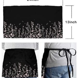 Black Flower Waitress Waiter Server Apron with Pockets,Waist Half Waterproof Cooking Kitchen BBQ Grill Chef Apron for Women,Men,Dad,Mom,Grandma,Boys,Girls Vintage Floral Aesthetic Leaves Dragonfly