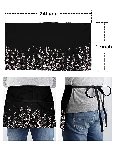 Black Flower Waitress Waiter Server Apron with Pockets,Waist Half Waterproof Cooking Kitchen BBQ Grill Chef Apron for Women,Men,Dad,Mom,Grandma,Boys,Girls Vintage Floral Aesthetic Leaves Dragonfly