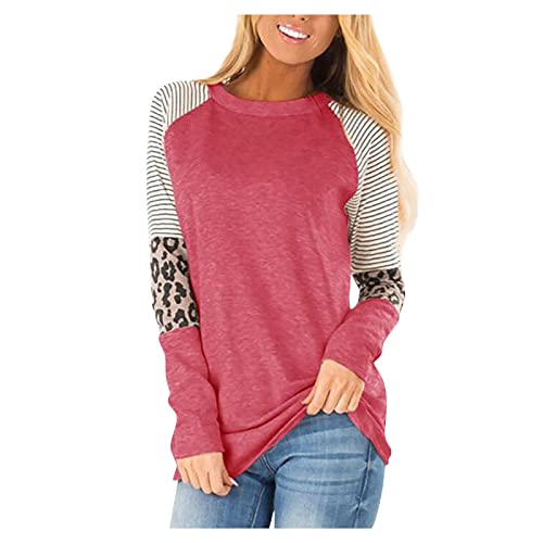 Sexy Tops for Women Fall Women's Long Sleeve Top Fall and Winter Fashion Leopard Print Striped Print Round Neck Shirt Loose Casual Watermelon Red XL