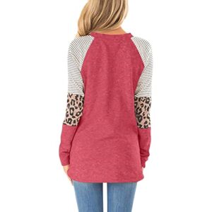 Sexy Tops for Women Fall Women's Long Sleeve Top Fall and Winter Fashion Leopard Print Striped Print Round Neck Shirt Loose Casual Watermelon Red XL