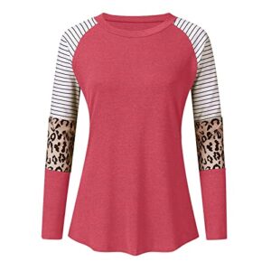 Sexy Tops for Women Fall Women's Long Sleeve Top Fall and Winter Fashion Leopard Print Striped Print Round Neck Shirt Loose Casual Watermelon Red XL