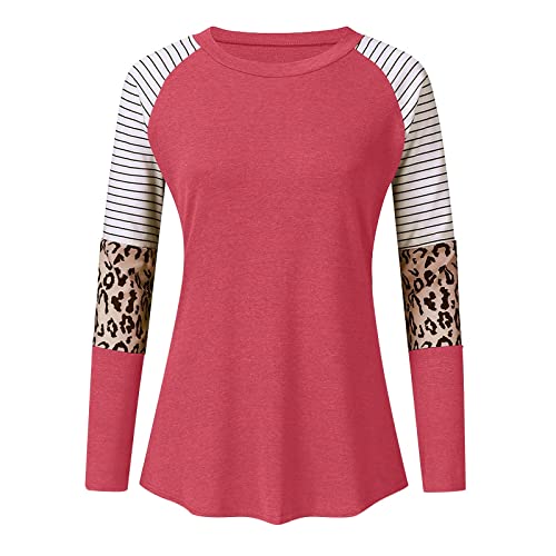 Sexy Tops for Women Fall Women's Long Sleeve Top Fall and Winter Fashion Leopard Print Striped Print Round Neck Shirt Loose Casual Watermelon Red XL