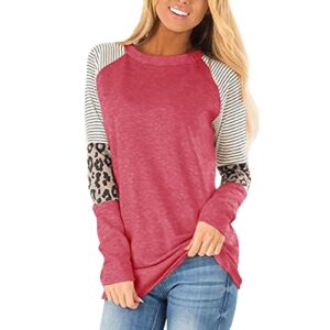 Sexy Tops for Women Fall Women's Long Sleeve Top Fall and Winter Fashion Leopard Print Striped Print Round Neck Shirt Loose Casual Watermelon Red XL