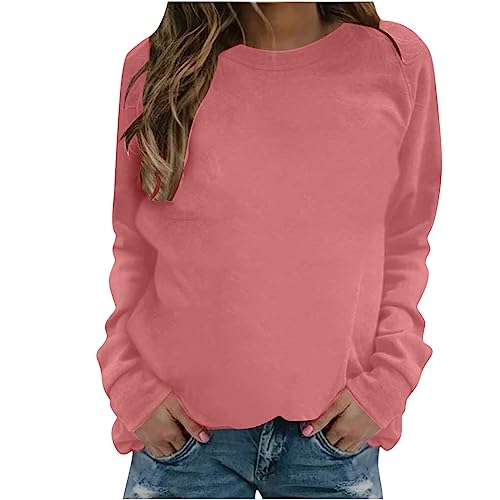 ZunFeo pink sweatshirt for men 2023 Crew Neck Sweatshirts Women Long Sleeve Oversized Sweatshirt Pullover Solid Color Top Loose Fit Fall Clothes 2023 Watermelon Red L