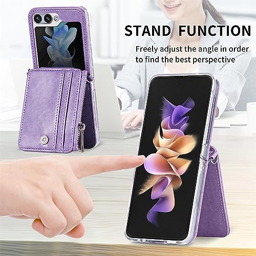 phone protective flip case 2 in 1 Detachable Wallet Case Compatible with Samsung Galaxy Z Flip 5 Case with Card Holder, Galaxy Z Flip 5 Case with Detachable Strap Crossbody Zipper Pocket Kickstand for