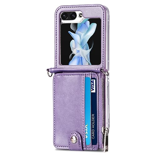 phone protective flip case 2 in 1 Detachable Wallet Case Compatible with Samsung Galaxy Z Flip 5 Case with Card Holder, Galaxy Z Flip 5 Case with Detachable Strap Crossbody Zipper Pocket Kickstand for