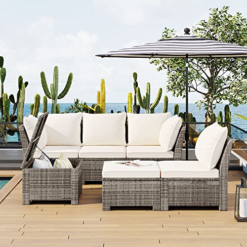 OPTOUGH 6-Piece Outdoor Set, PE Wicker Rattan-Sofa with 2 Corner, 2 Single Chairs, 1 Ottoman and 1 Storage Table, All-Weather Conversational Furniture,for Backyard,Garden, Beige