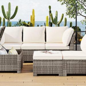 OPTOUGH 6-Piece Outdoor Set, PE Wicker Rattan-Sofa with 2 Corner, 2 Single Chairs, 1 Ottoman and 1 Storage Table, All-Weather Conversational Furniture,for Backyard,Garden, Beige