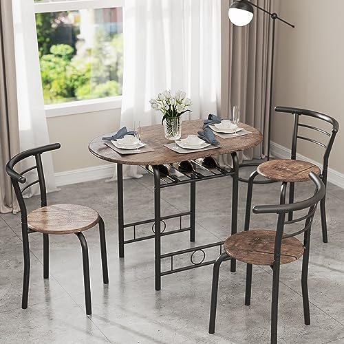 JUMMICO 3-Piece Wooden Round Table & Chair Set, Space Saving Kitchen Breakfast Nook Wood Grain Tabletop with Metal Frame and Built-in Wine Rack for Kitchen, Dining Room (Brown/Black)